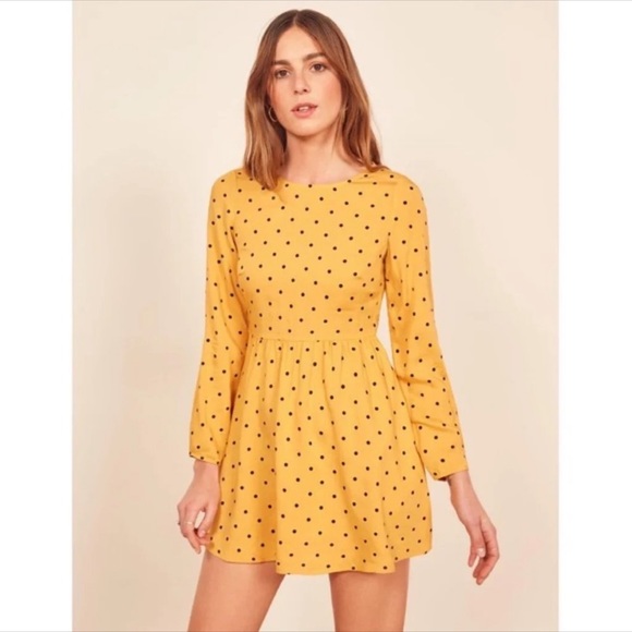 Reformation | Dresses | Reformation Angie Yellow Polka Dot Mini Dress ...